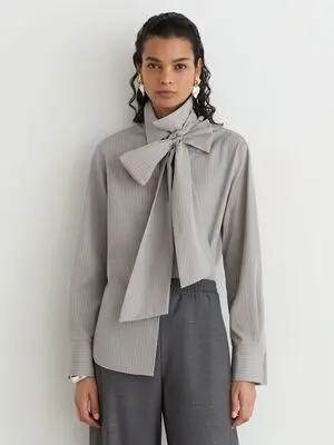 REISS Striped Cotton Tie-neck Shirt - Grey