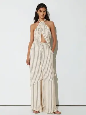 REISS Isabella Halterneck Stripe Split-front Resort Top - Ivory/black