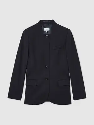 REISS Gia Wool-blend Check Collarless Blazer - Navy