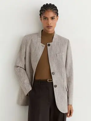 REISS Gia Wool-blend Check Collarless Blazer