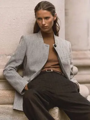 REISS Gia Wool-blend Check Collarless Blazer - Neutral Check