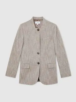 REISS Gia Wool-blend Check Collarless Blazer - Neutral Check