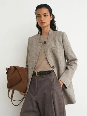 REISS Gia Wool-blend Check Collarless Blazer - Neutral Check