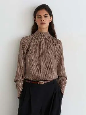 REISS Eden Geometric-print Tie-neck Blouse