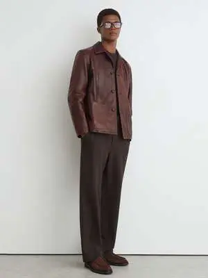 REISS Varlan Burnished-leather Button-through Jacket - Dark Brown