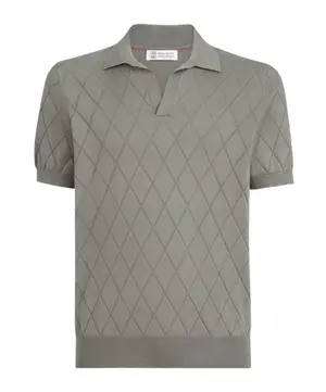Brunello Cucinelli Cotton Textured Argyle Lightweight Knit Polo Shirt