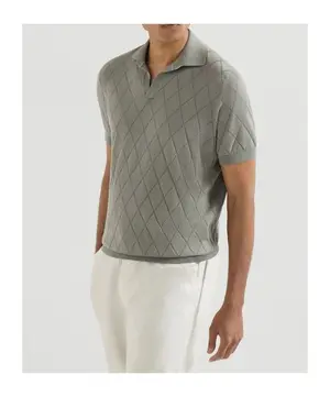Brunello Cucinelli Cotton Textured Argyle Lightweight Knit Polo Shirt