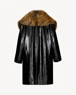 Saint Laurent Cocoon Coat In Lacquered Canvas And Shearling