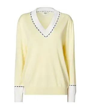 Fendi Wool And Silk Yarn Jumper With V-neck And Ribbed Embellishments - Yellow