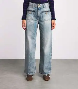 Sandro Straight Leg Jeans With Leather Trim