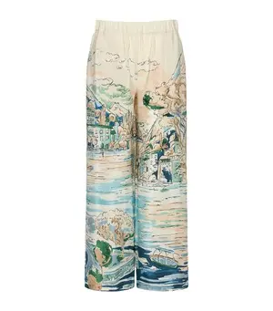 Max Mara Silk Lake Print Wide Leg Trousers - Turquoise