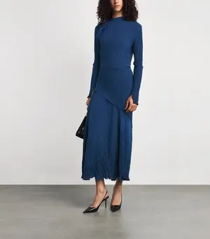 Victoria Beckham Plissé Long Sleeve Midi Dress - Blue