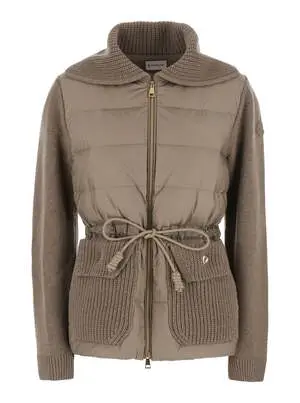 Moncler Beige Cardigan With Patch Logo On The Sleeve And Belt On The Front In Tech Fabric And Cotton For - Multicolor