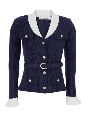 SELF-PORTRAIT Blue Cardigan With Ribbed Texture And Long Sleeves In Fabric And Cotton - Multicolor