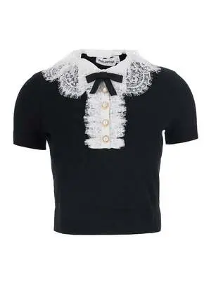 SELF-PORTRAIT Black Top With Collar With Lace Details In Wool For - Multicolor