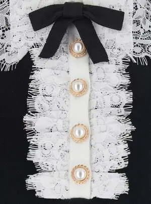 SELF-PORTRAIT Cropped Wool Knit Top With Lace Collar - Multicolor