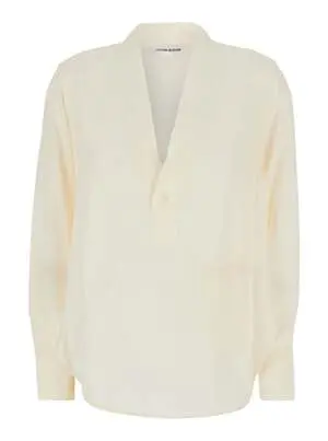 Victoria Beckham White Blouse With V-neck And Long Sleeves In Silk For - Multicolor