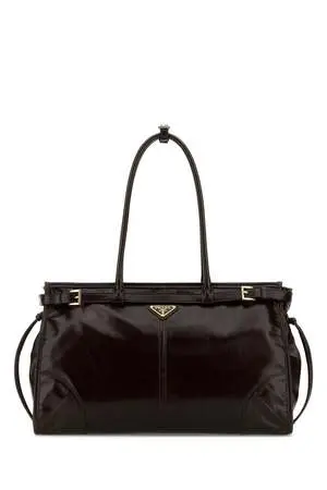 Prada Leather Shoulder Bag With Golden Metal Finishing - Brown