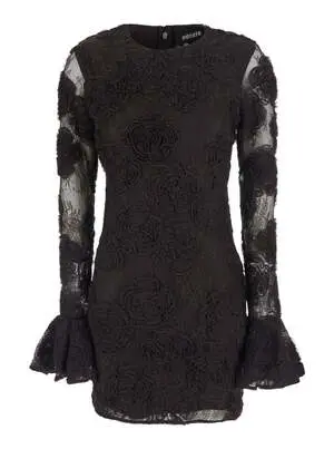 ROTATE BY BIRGER CHRISTENSEN Brown Mini Dress With All-over Floral Embroidery And Long Flared Sleeves In Tech Fabric For - Multicolor