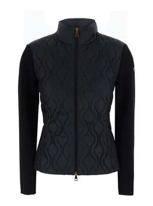 Moncler Tech Fabric And Cotton Cardigan With Padded Front And Logo Patch - Multicolor