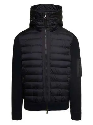 Moncler Cardigan Con Cappucico E Patch Logo Sulla Manica In Tessuto Tecnico E Lana Nero Uomo - Multicolor