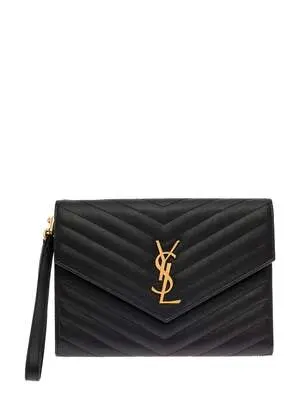 Saint Laurent Black Grain De Poudre Leather Handbag With Metal Logo And Gold-colored Hardware - Multicolor