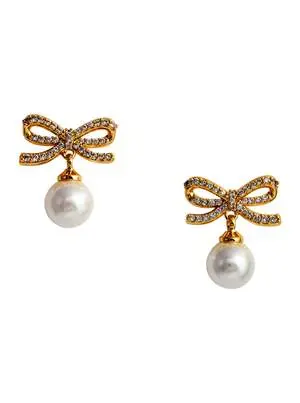 SELF-PORTRAIT Bow And Pearl Drop Earrings In Gold Metal With Crystal Embellishments - Multicolor