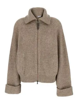 Brunello Cucinelli Beige Cardigan With Turn-down Collar And Monil On Zipper In Cashmere Blend For - Multicolor