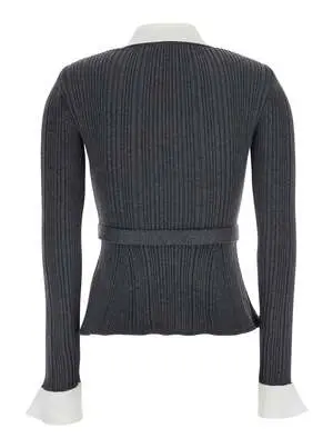 SELF-PORTRAIT Ribbed Knit Cardigan With Belt - Multicolor