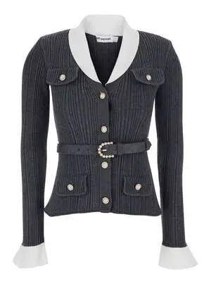 SELF-PORTRAIT Ribbed Knit Cardigan With Belt - Multicolor