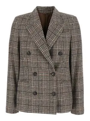 Brunello Cucinelli Beige Double-breasted Jacket With Peak Revers And All-over Check Motif In Wool For - Multicolor