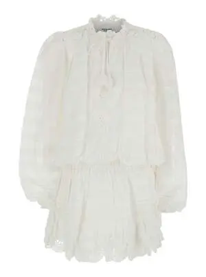 Isabel Marant Étoile Preya' White Short Dress With All-over Embroidery And Tassel Detail In Cotton Blend For - Multicolor