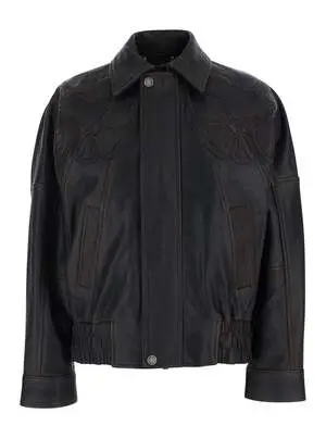 GOLDEN GOOSE Leather Jacket With Floral Embroidery - Multicolor