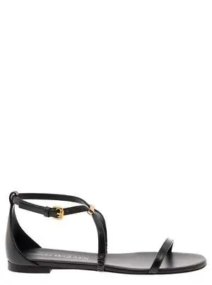 Alexander McQueen Black Leather Low Sandals With Engraved Logo - Multicolor