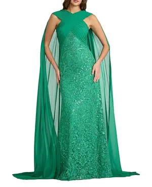 Tadashi Shoji Sequin Embroidered Cape Gown