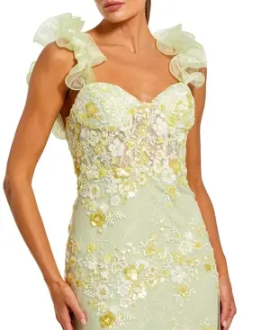 Mac Duggal Embroidered Lace Floral Gown With Ruffle Straps