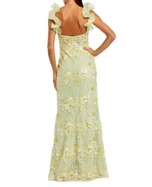 Mac Duggal Embroidered Lace Floral Gown With Ruffle Straps