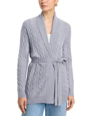 Bloomingdale'S Tie Waist Cable Cardigan - Medium Grey