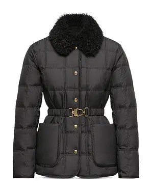 Moncler Cygnes Quilted Down Jacket With Textured Collar And Belted Waist - Black