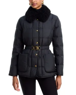 Moncler Cygnes Quilted Down Jacket With Textured Collar And Belted Waist