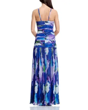 Dress The Population Sleeveless Deep V Neck Ruched A-line Gown - Electric Blue Multi