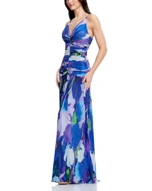 Dress The Population Sleeveless Deep V Neck Ruched A-line Gown - Electric Blue Multi