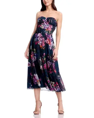 Dress The Population Strapless Sweetheart Fit & Flare Dress With Floral Print And Belted Waist