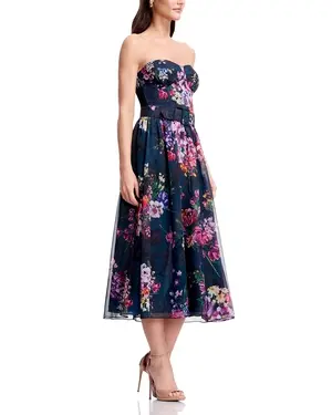Dress The Population Strapless Sweetheart Fit & Flare Dress With Floral Print And Belted Waist