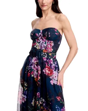 Dress The Population Strapless Sweetheart Fit & Flare Dress With Floral Print And Belted Waist