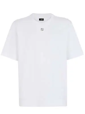 Fendi Regular-fit Cotton T-shirt With Crew Neck And Short Sleeves And Mini Ff Metal Applique - Bianco