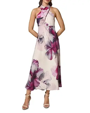 Donna Karan New York Floral Print Halter Neck Midi Dress - Sangria Multi