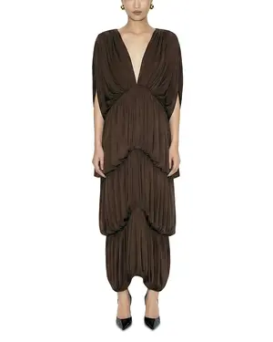 Ronny Kobo Plunge Neck Draped Maxi Dress - Chocolate