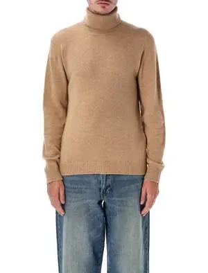 ROBERTO COLLINA Camel Wool Blend Ribbed Turtleneck Sweater