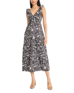 THE GOOD JOURNEY Ruffled Cotton Midi Dress - Black/ Cream